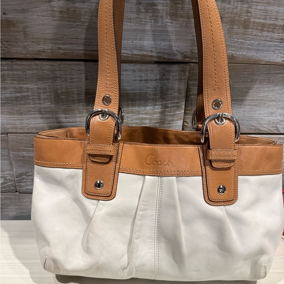 Coach | Bags | Coach Soho Pleated Ivory Leather Satchel With Tan Trim ...